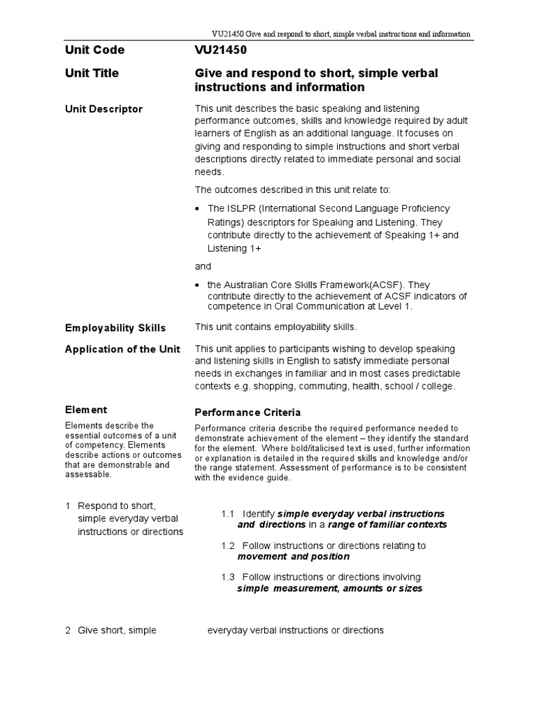 VU21450- Give and Respond to Short, Simple Verbal Instructions and ...