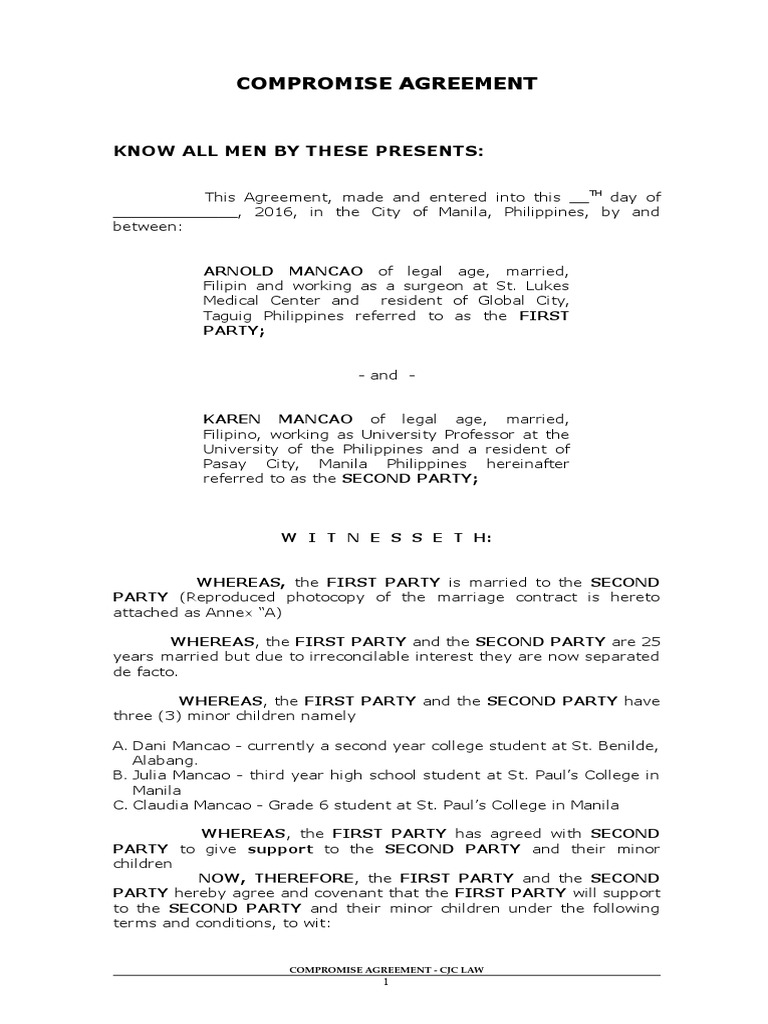 Compromise Agreement for Support CJC | Common Law | Private Law