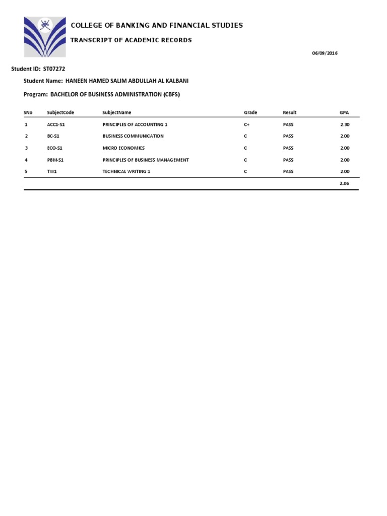 Transcript of Academic Records: College of Banking and Financial ...