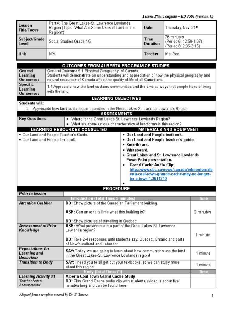 Great Lakes-St. Lawrence Lowlands Lesson | PDF | Lesson Plan | Teaching