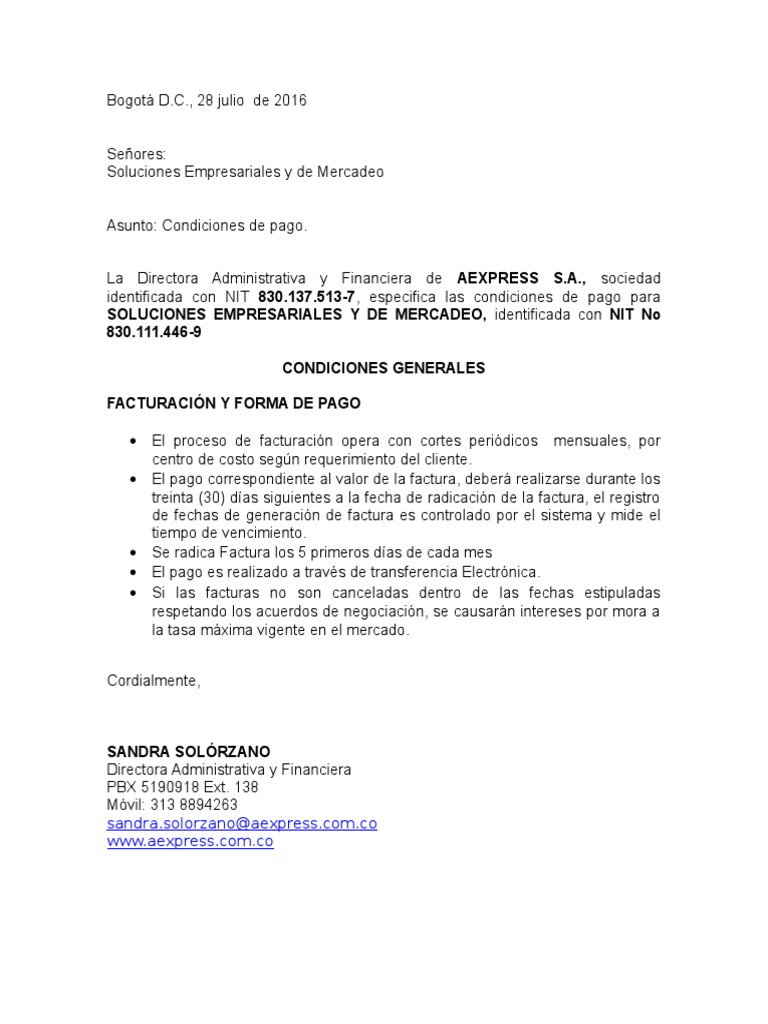 Carta Condiciones de Pago | PDF