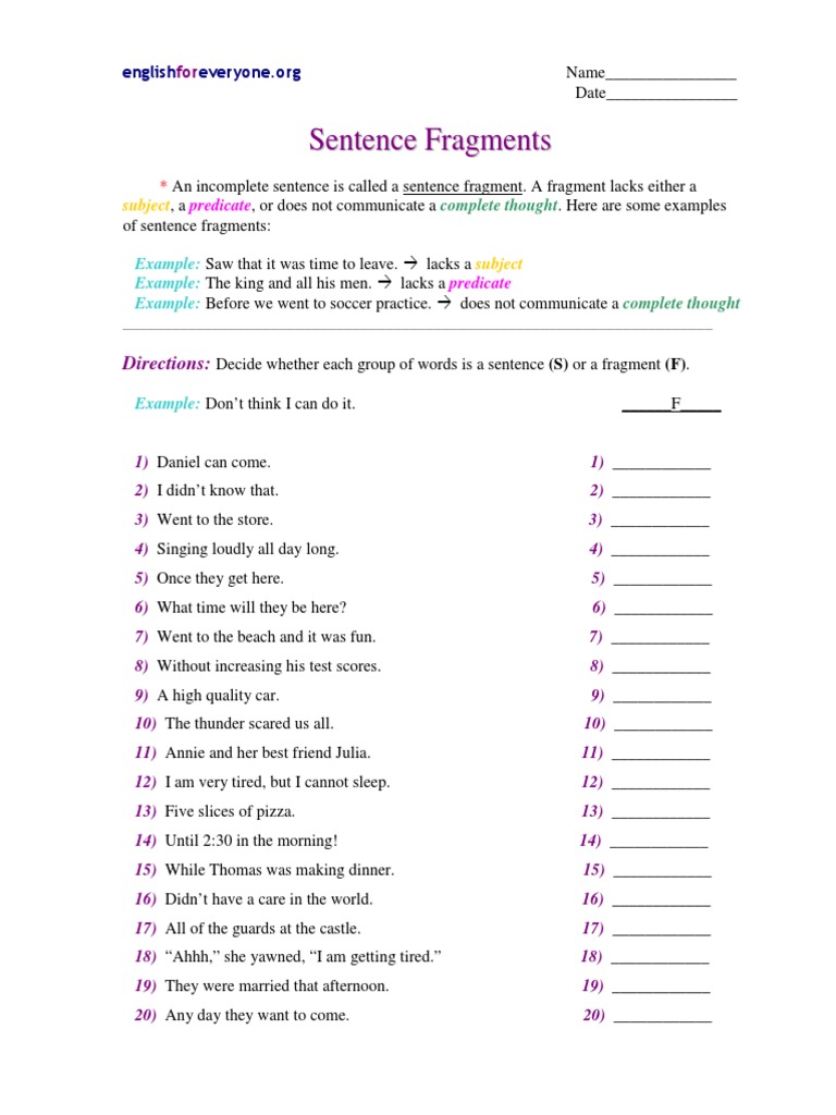 Sentence Fragments PDF | PDF