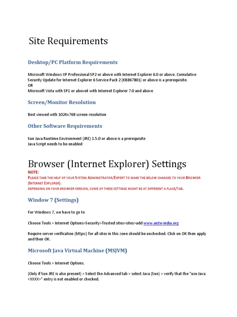 S Ite Requirements: Desktop/PC Platform Requirements | PDF | Internet Explorer | Java (Software ...