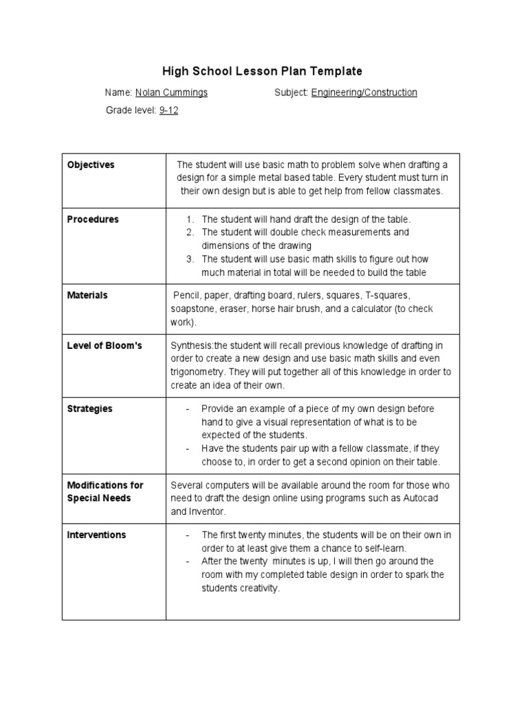 High School Lesson Plan Template: Objectives | PDF | Technical Drawing ...