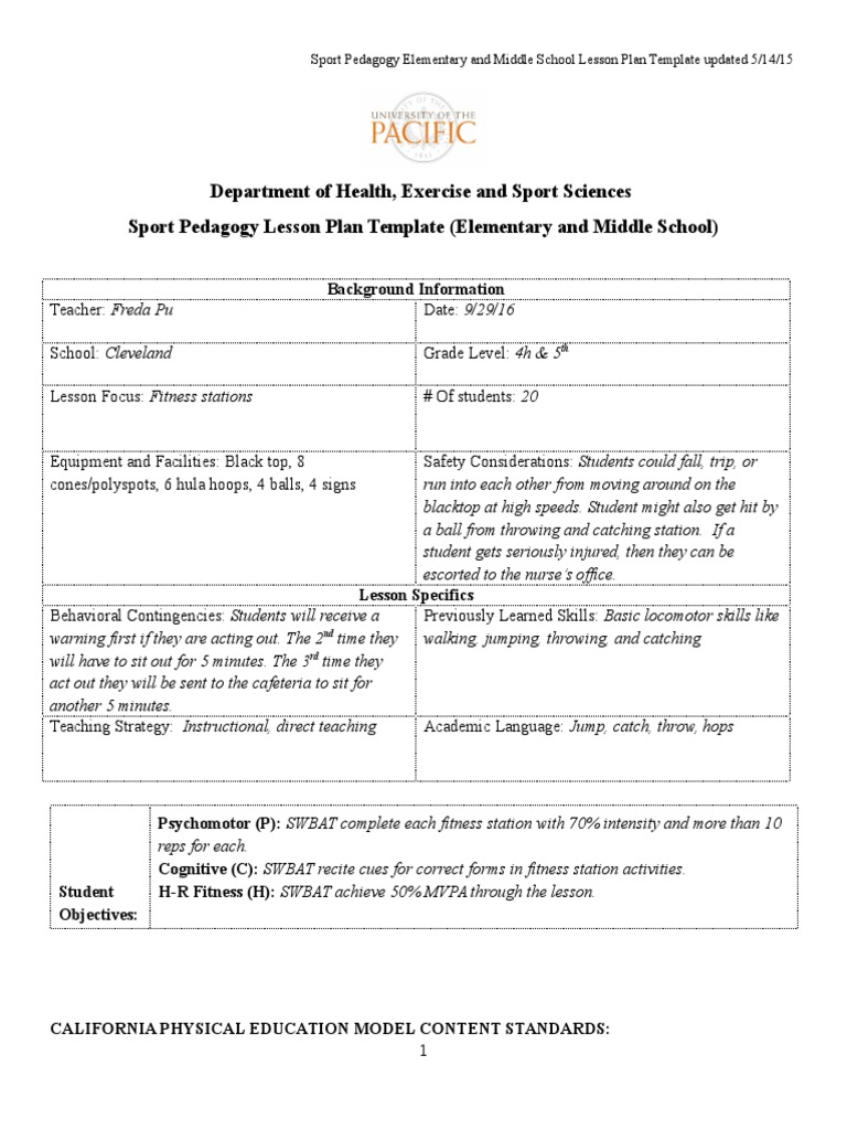 9 29 Lesson Plan Week 1 Lesson 2 | PDF | Lesson Plan | Physical Education
