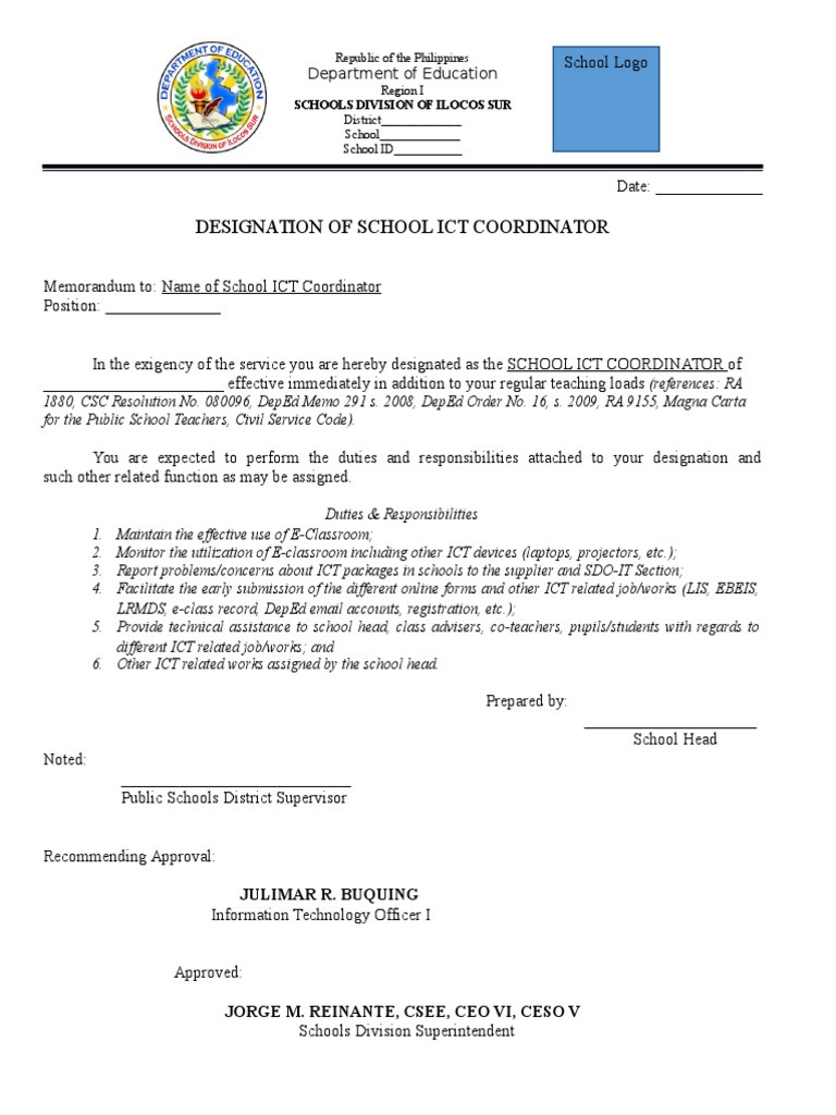 Sample Designation Ict Coordinator | PDF | Educational Technology | Communication
