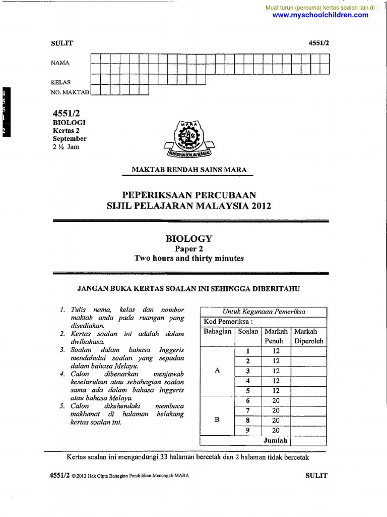 Biologi Kertas 2, 3 Percubaan SPM 2012 MRSM K (Myschoolchildren - Com ...