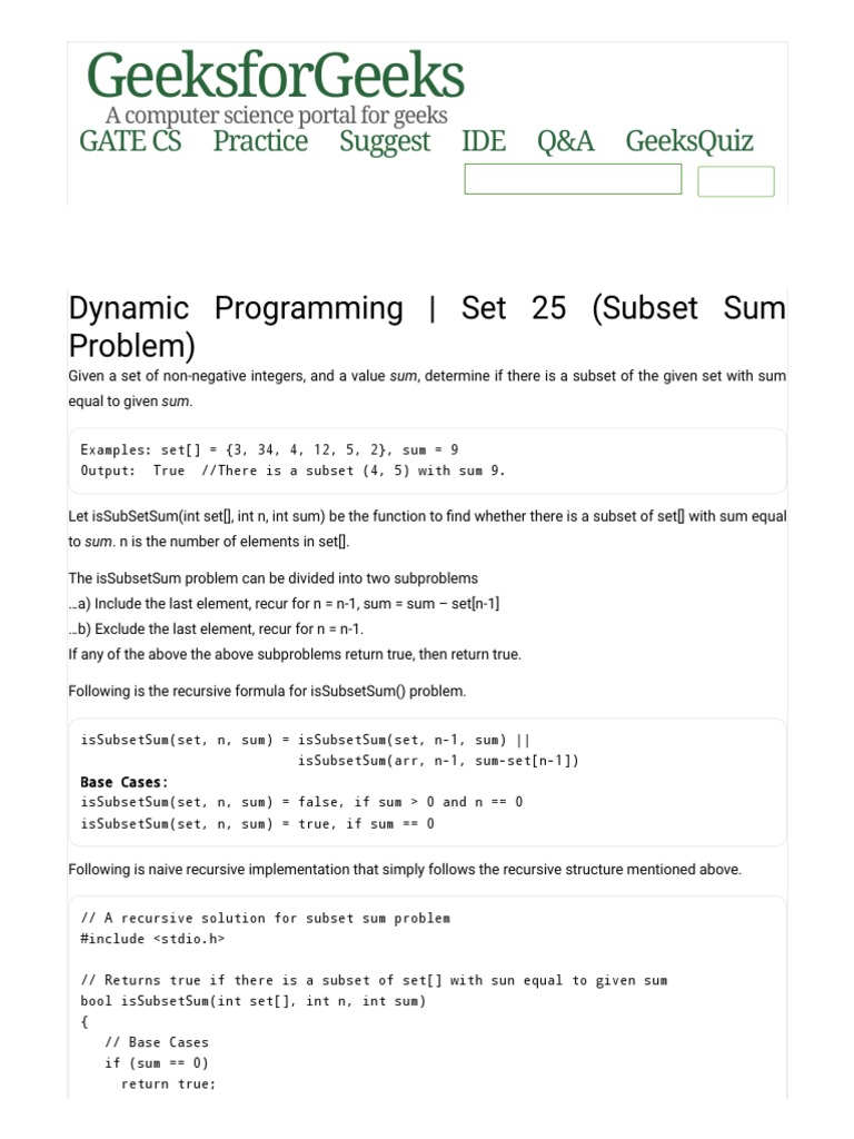Dynamic Programming Subset Sum Problem Pdf Dynamic Programming Time Complexity