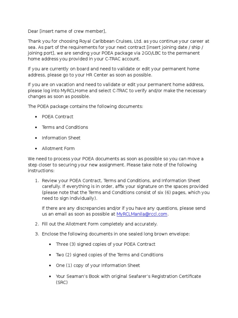 POEA Package Cover Letter 051616 PLAIN | PDF | Transport | Business
