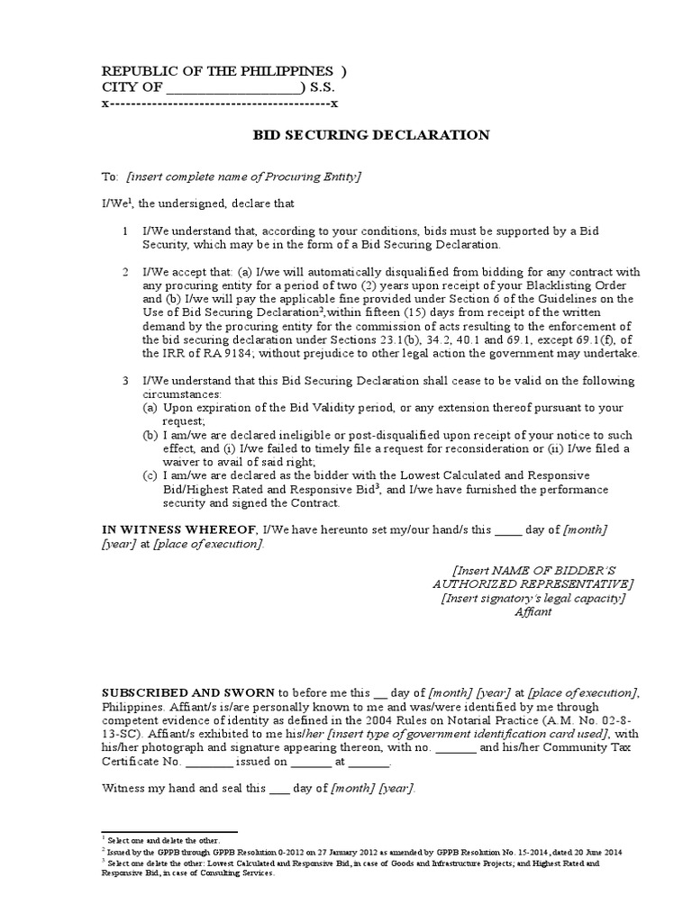 Bid Securing Declaration | PDF | Signature | Social Institutions