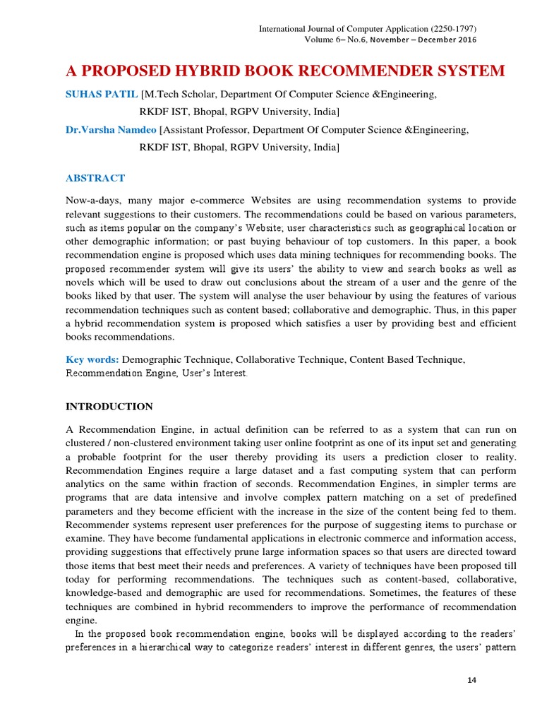 A Proposed Hybrid Book Recommender System: Suhas Patil | PDF | Applied Mathematics | Computing