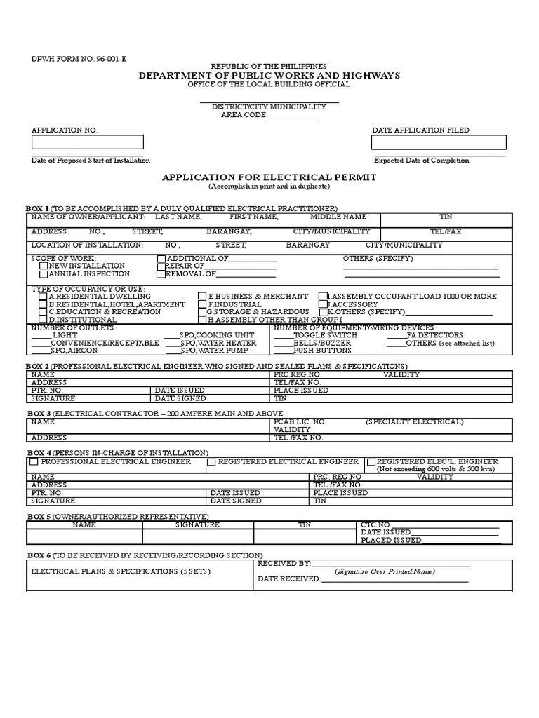 DPWH 96-001-E Electrical Application Form 1 PDF | PDF | Finance & Money Management | Technology ...