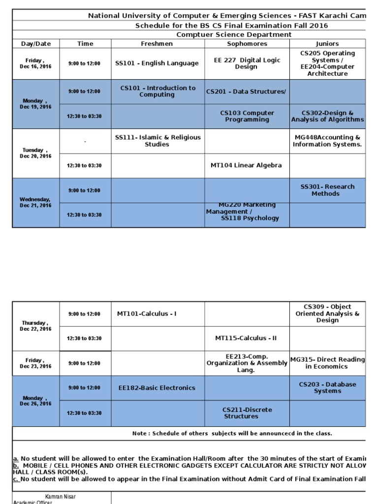 Schedule of Final Examination For BS CS Fall 2016 SemesterRevised | PDF