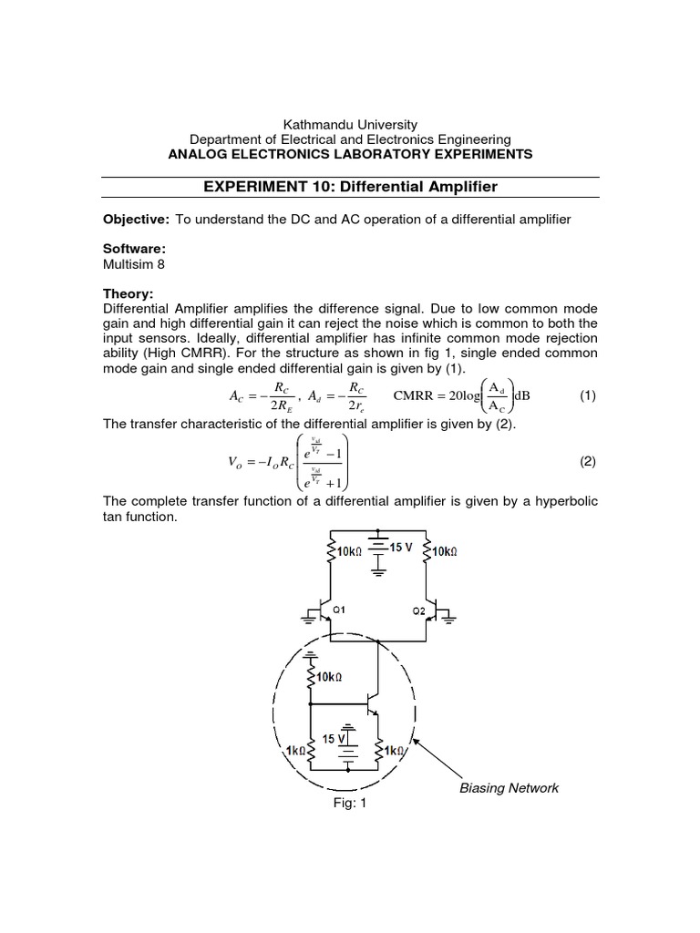 EXPERIMENT 10: Differential Amplifier: Analog Electronics Laboratory ...