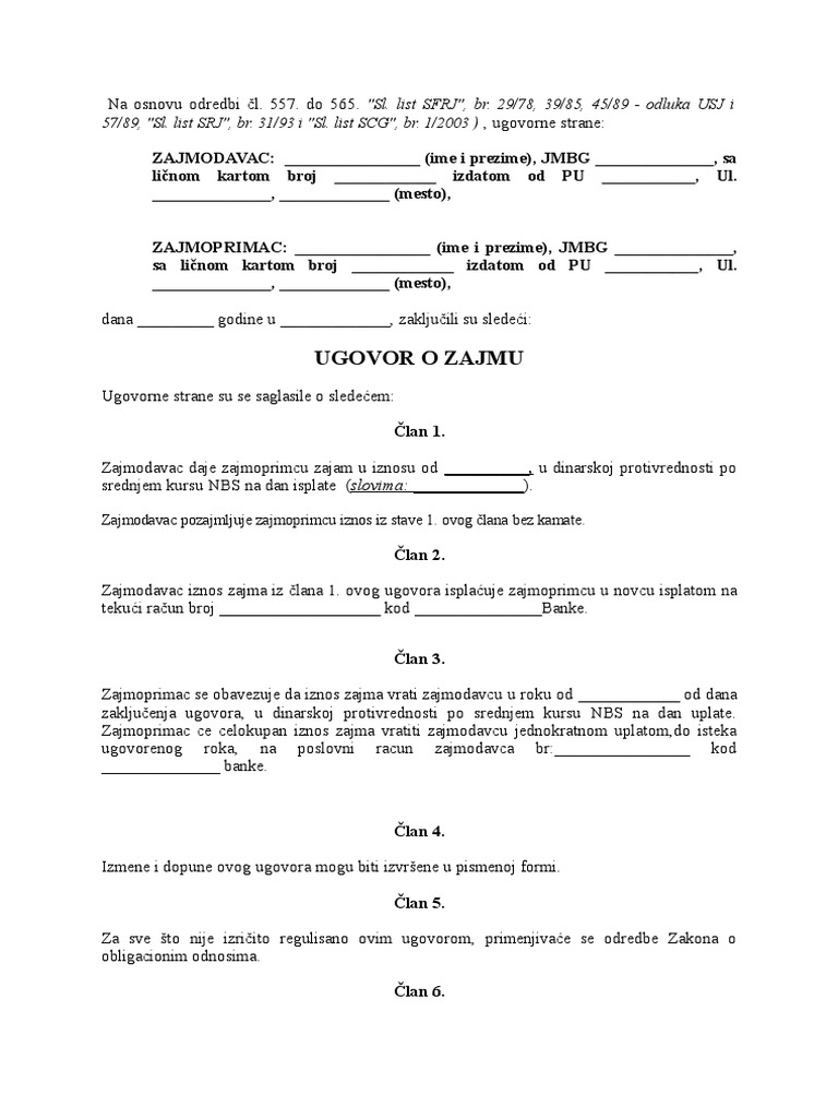 Ugovor O Delu Primer 1