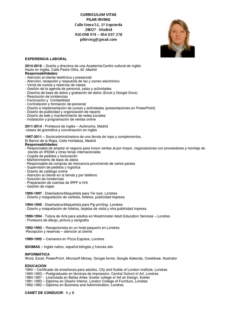 CV Pilar Irving - Empresaria Trilingüe | PDF