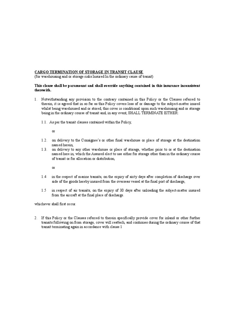 Cargo Termination of Storage in Transit Clause | PDF | Business