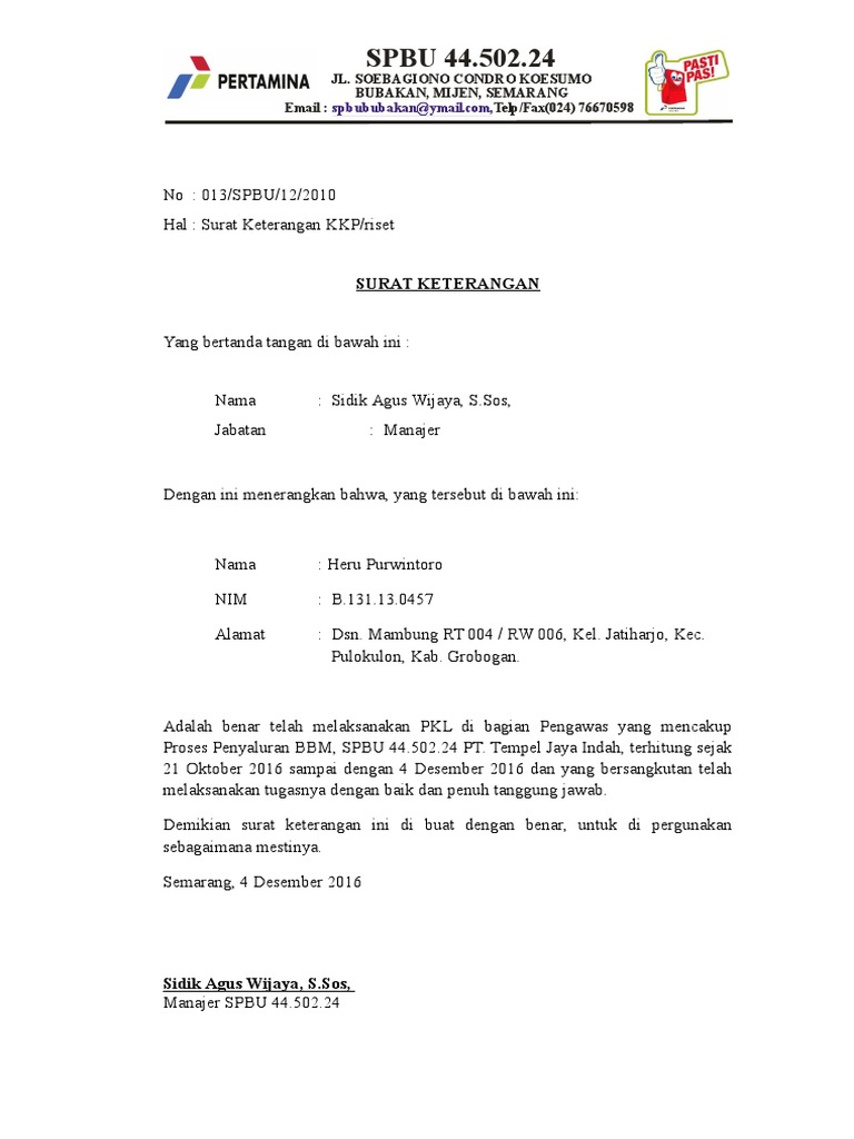 Surat Keterangan PKL | PDF