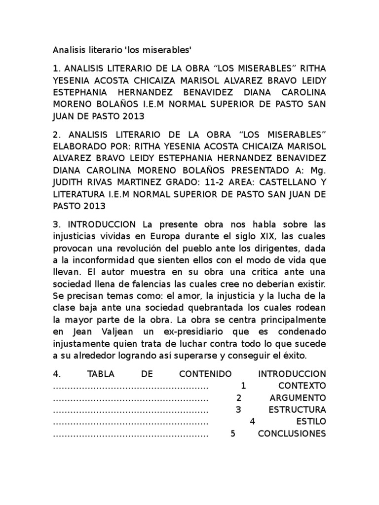 Los Miserables Analisis y Argumento | PDF | Los Miserables | Victor Hugo