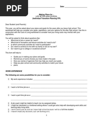 Career Planning Worksheet For High School Students