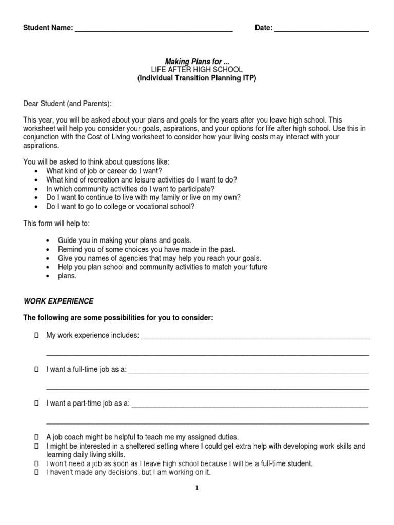 Career Exploration. Life After HS Worksheet | PDF