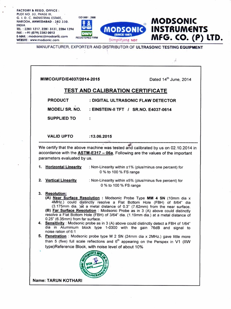 Calibration Cert UT | PDF | Science & Mathematics | Technology ...
