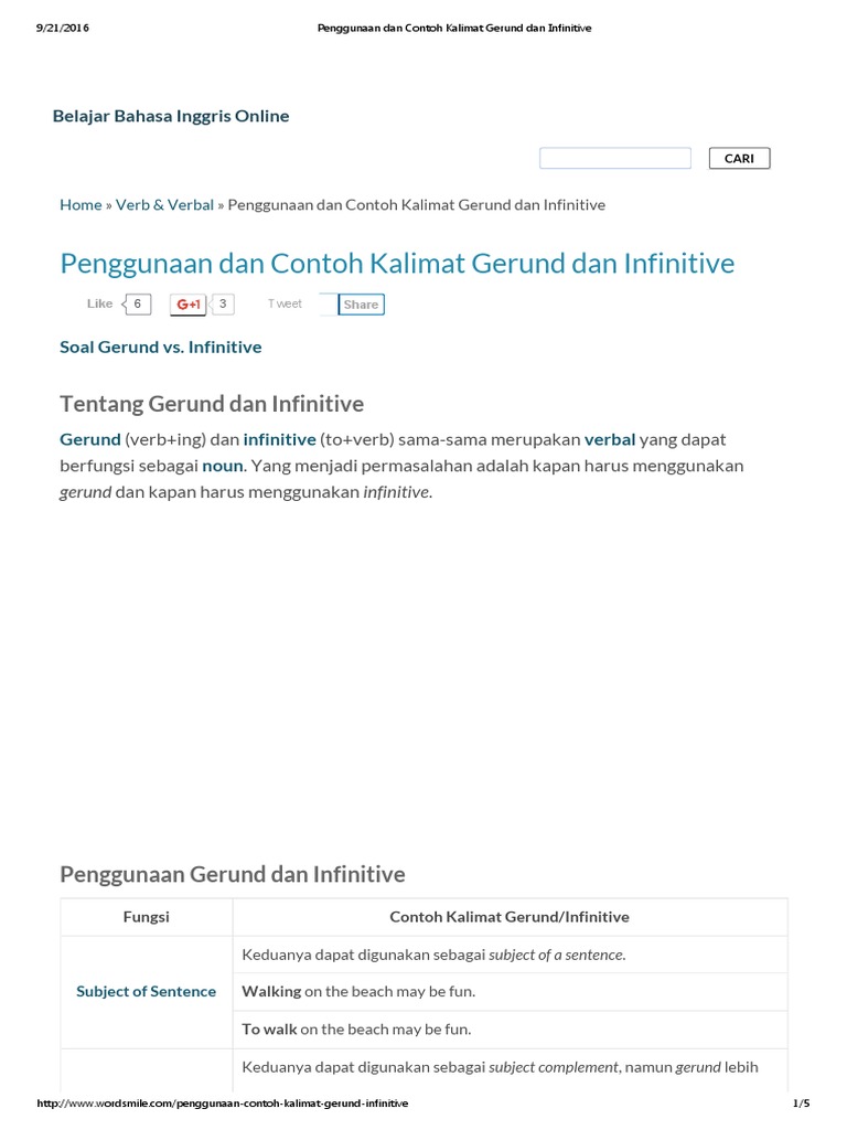 Penggunaan Dan Contoh Kalimat Gerund Dan Infinitive | PDF