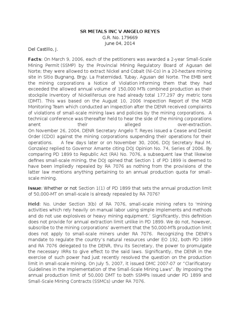 SR Metals Inc Vs Reyes | PDF | Mining | Government Information