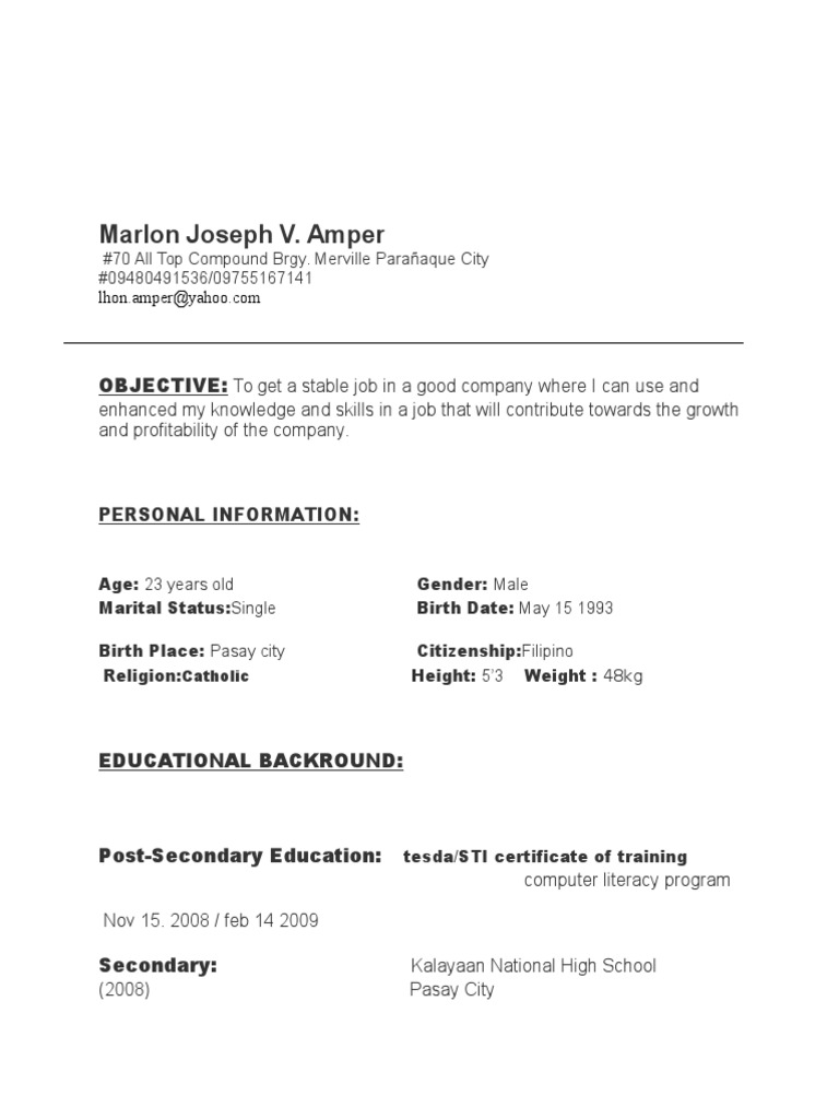 Marlon Joseph V. Amper: Objective | PDF