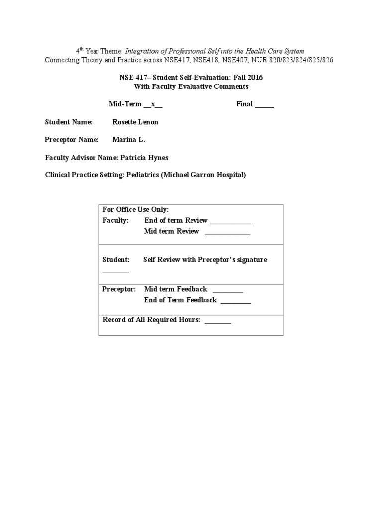 self assessment - midterm 2016 | Nursing | Medicine