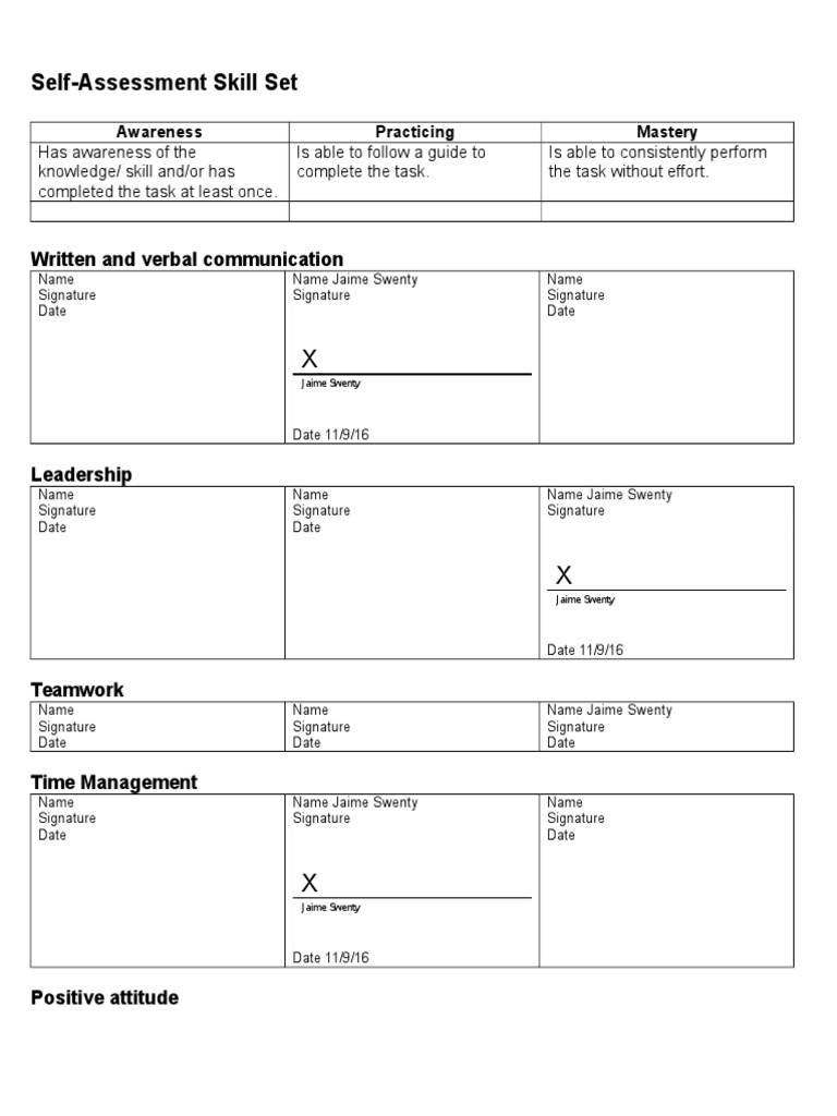 Self-Assessment Skill Set Overview | PDF
