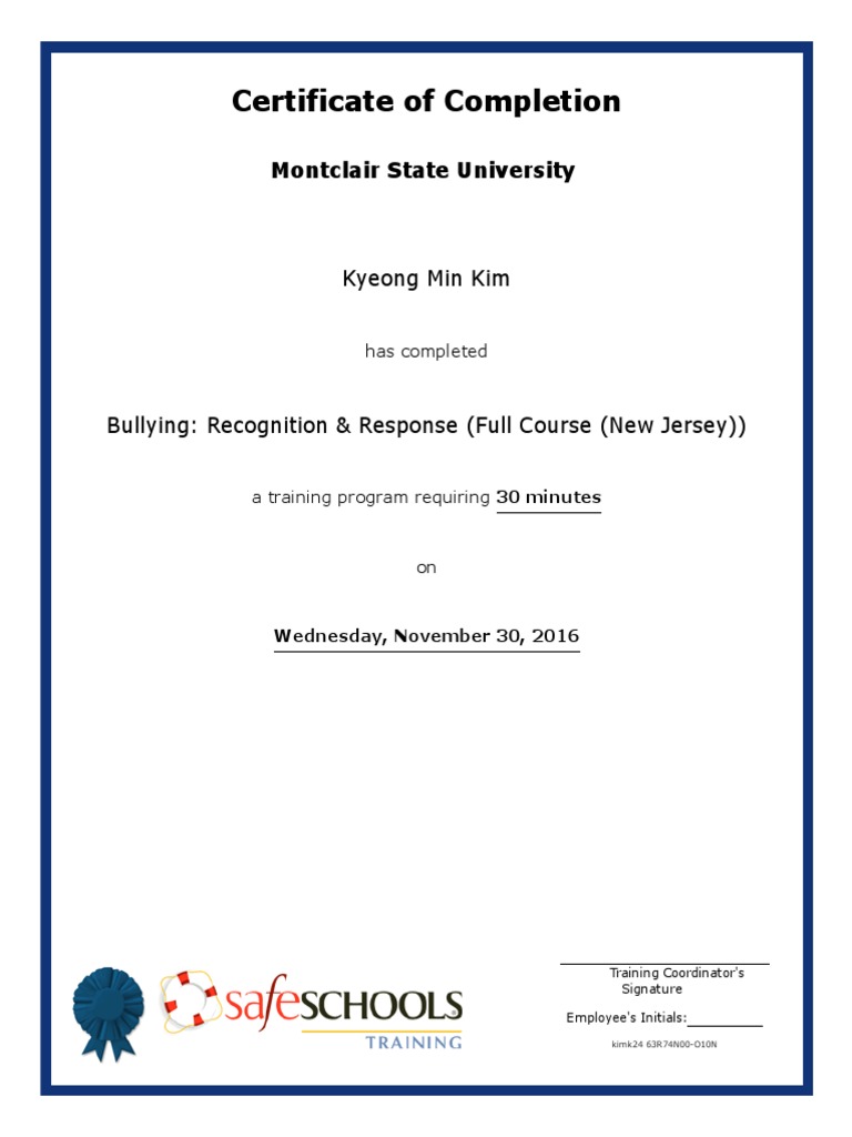 Certificate of Completion For Bullying Recognition Response Full Course ...