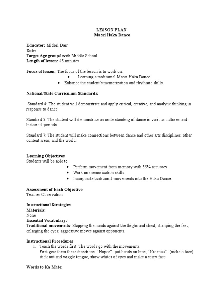 Maori Haka Dance Lesson Plan | PDF | Lesson Plan | Dances