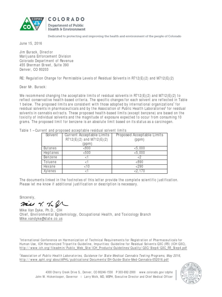 Colorado Residual Solvent Rule Change Letter | PDF | Science & Mathematics
