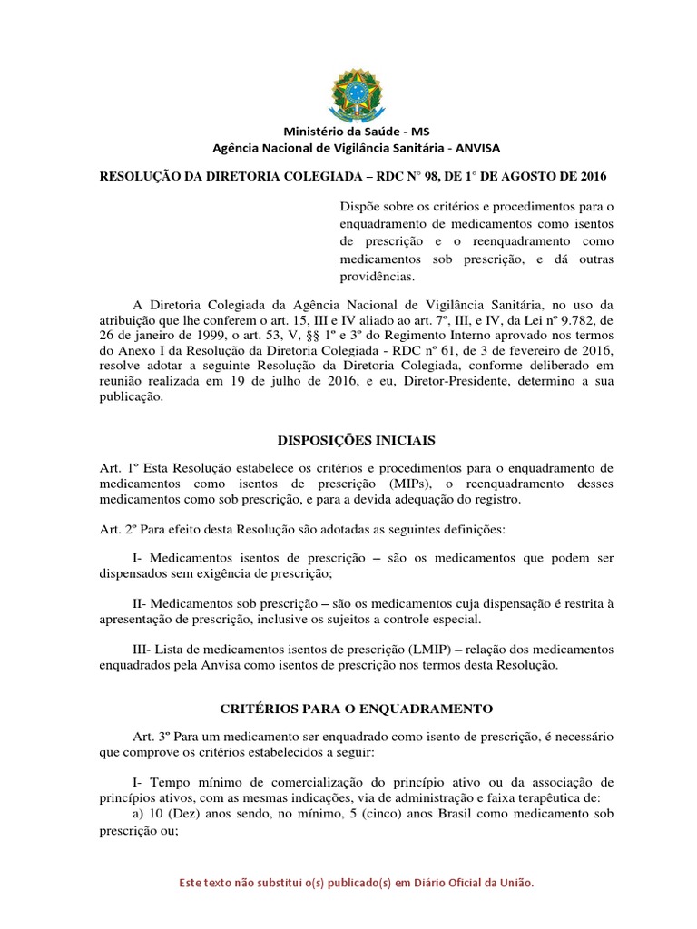 RDC 98 2016 | PDF | Farmacêutico | Droga farmacêutica