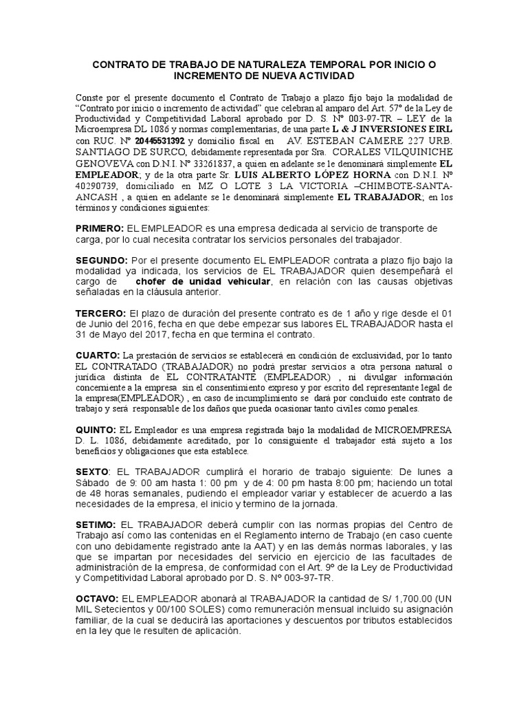 Contrato de Trabajo de Naturaleza Temporal Por Inicio o Incremento de Nueva Actividad | Derecho ...