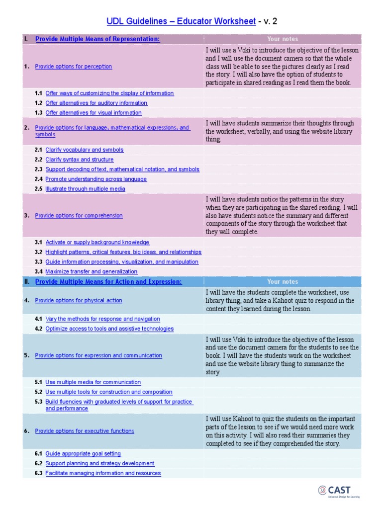 Carolyn Udl Guidelines Checklist Worksheet | PDF