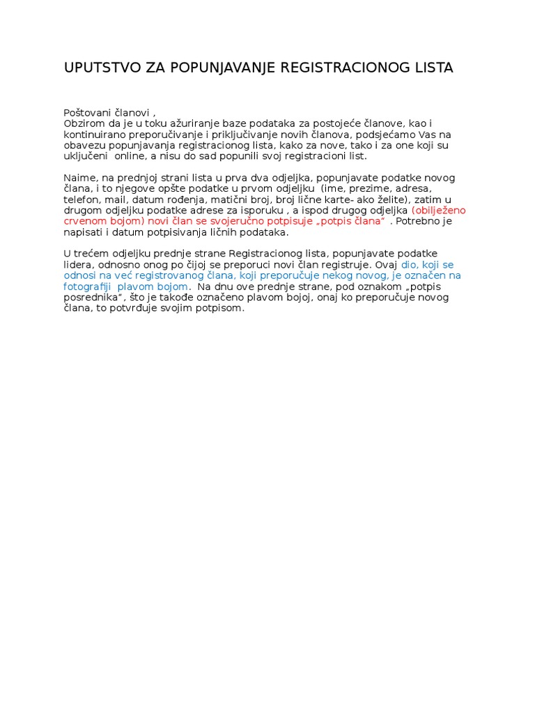 Uputstvo Za Popunjavanje Registracionog Lista | PDF