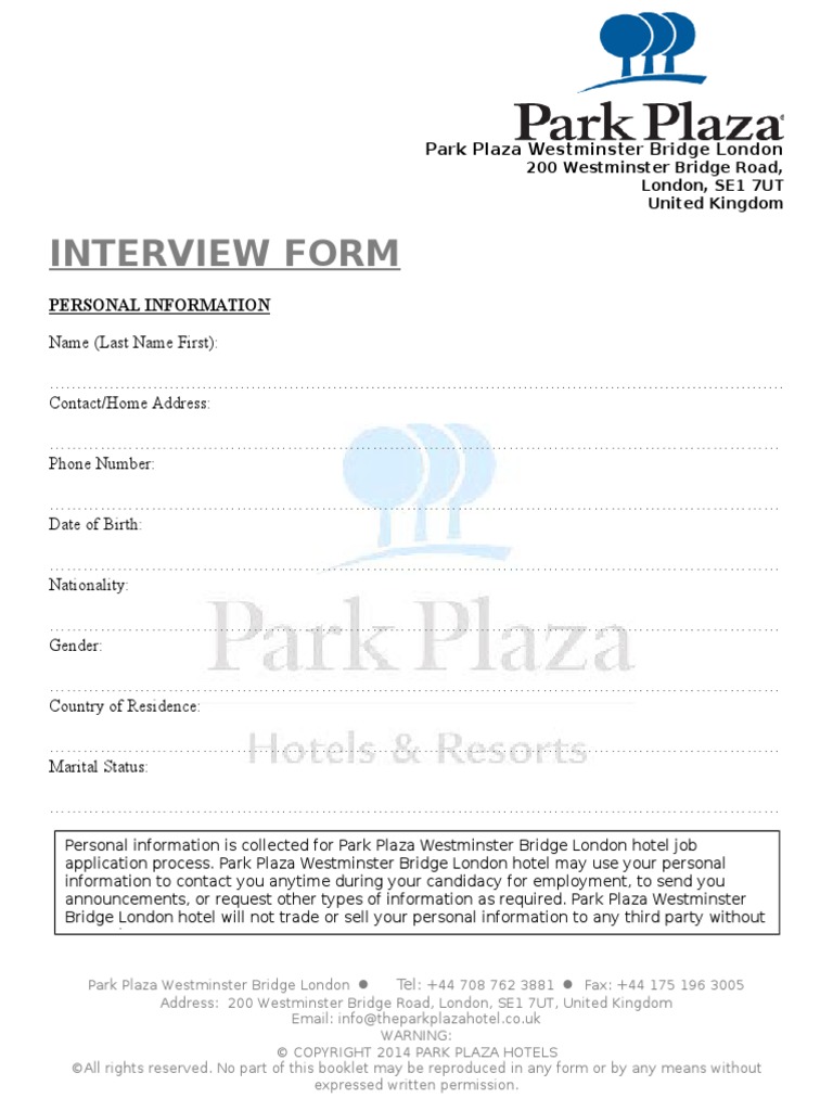 Park Plaza Hotel Interview Form | PDF | Labour | Business