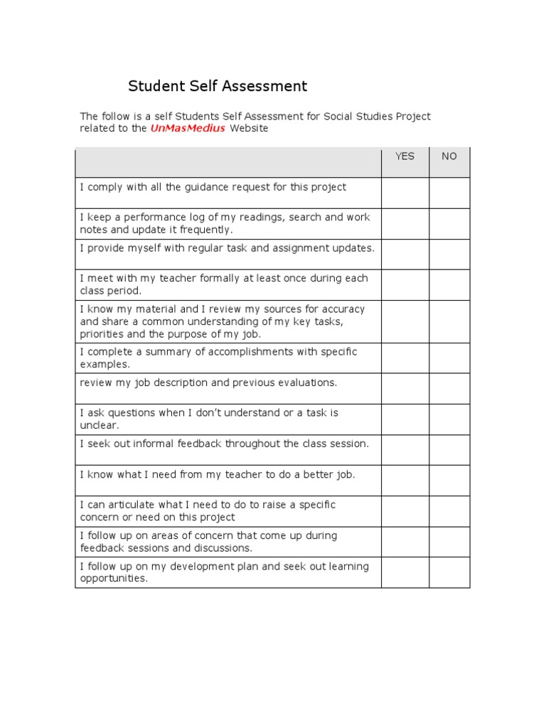 Student Self Assessment | PDF