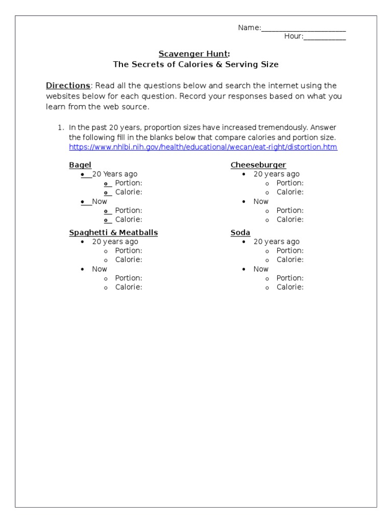 Nutrition Scavenger Hunt Worksheet | PDF | Nutrition Facts Label ...
