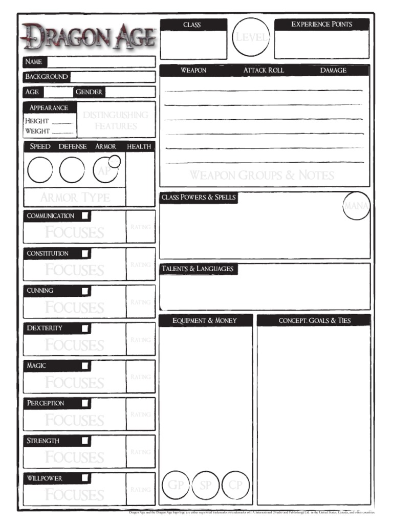 DragonAge CharacterSheet Form PDF | PDF | Video Games | Fantasy Games