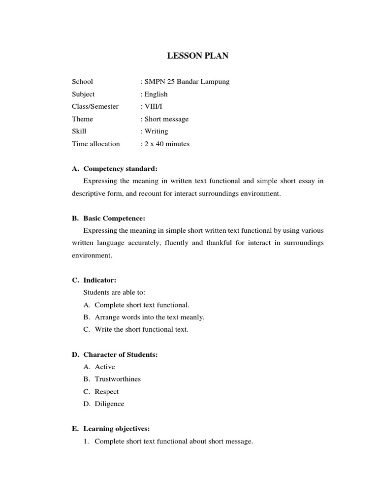 Lesson Plan Short Message | Lesson Plan | English Language