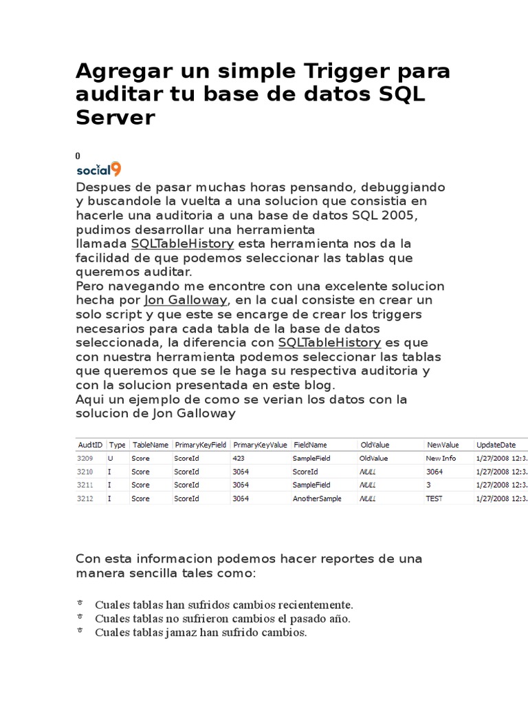 Agregar Un Simple Trigger para Auditar Tu Base de Datos SQL Server Trabajo Echoooo | PDF | SQL ...