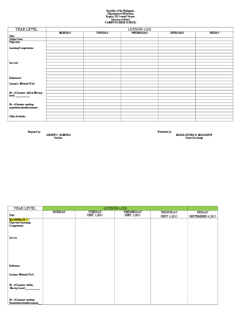 Lesson Log Math 2016 | PDF