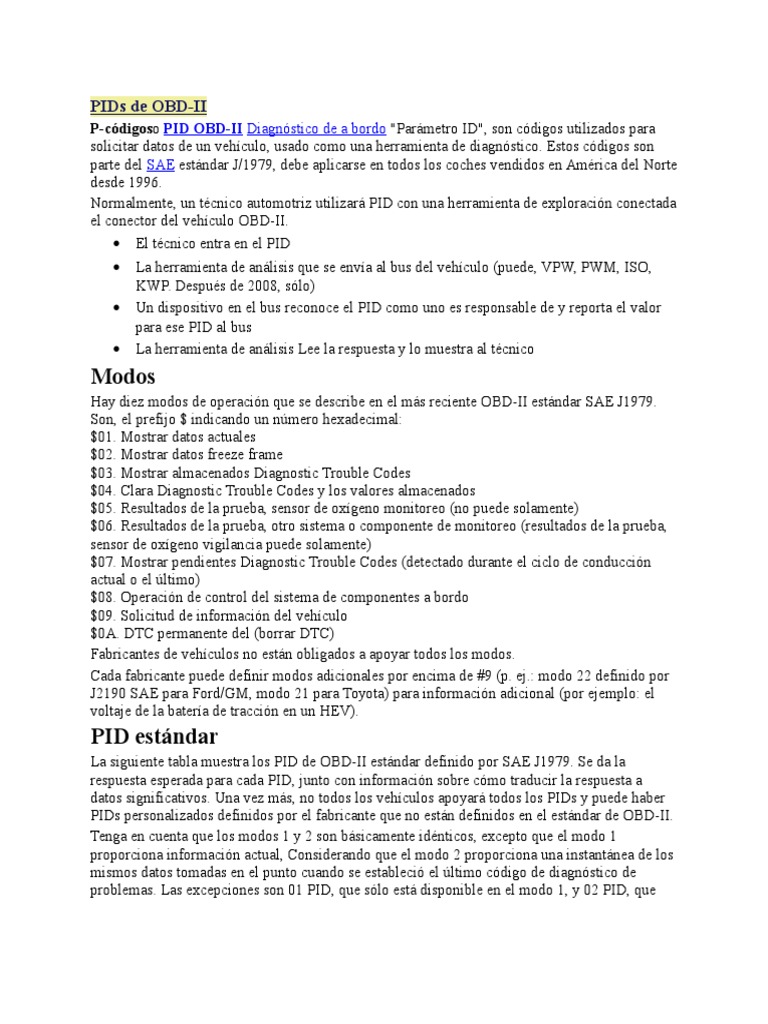 PIDs Estándar OBD-II según SAE J1979 | PDF | Poco | Byte