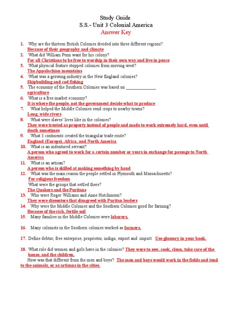 Unit 3-Colonial America-Study Guide Answerkey | PDF