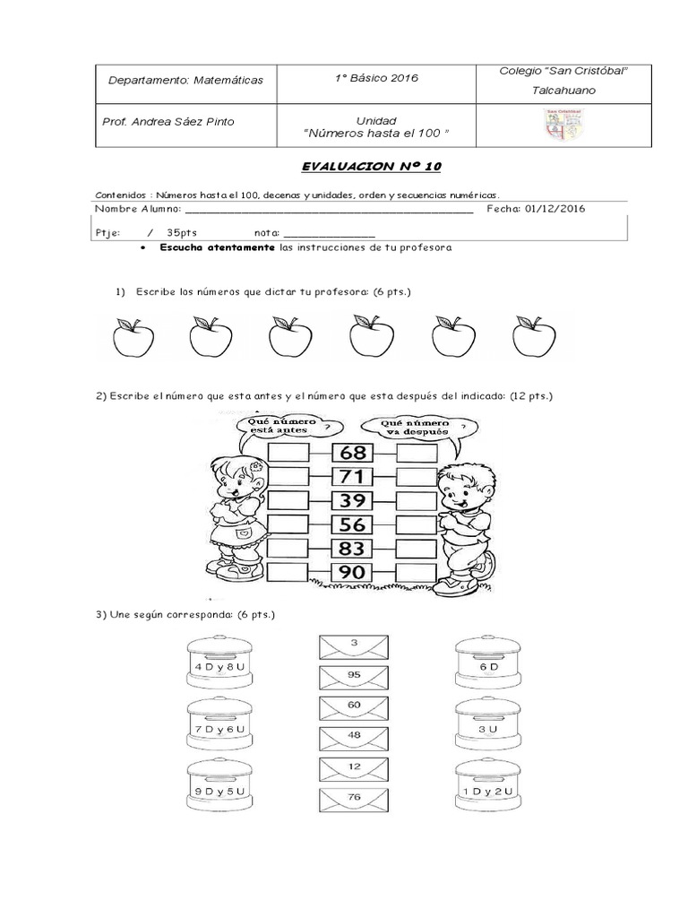 Evaluación Números hasta 100 | PDF