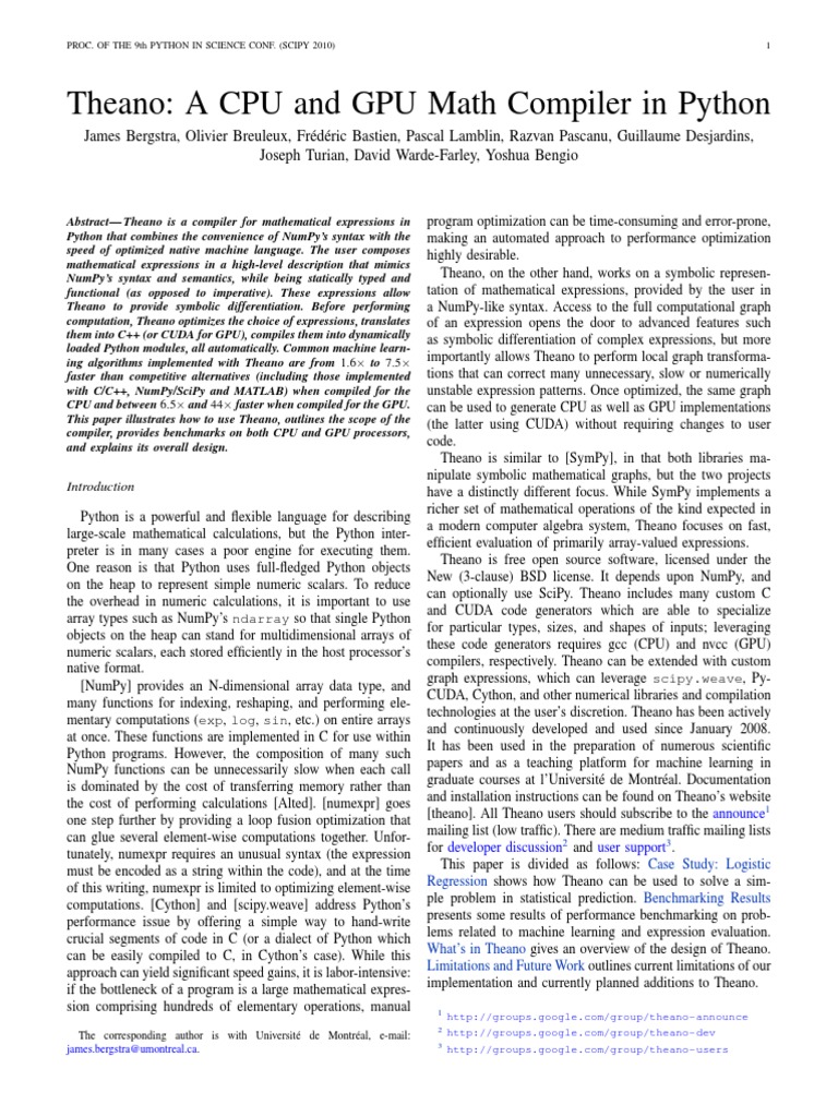 Theano: A CPU and GPU Math Compiler in Python | PDF