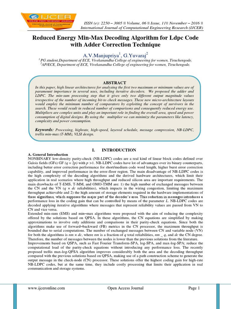 Reduced Energy Min-Max Decoding Algorithm For LDPC Code With Adder Correction Technique | PDF ...